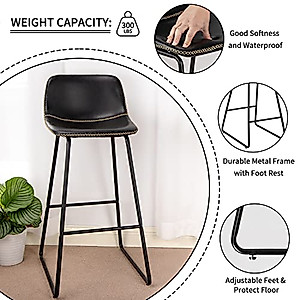 HeuGah Bar Stools,30" Bar Height Stools Set of 2,Faux Leather Bar Stools with Back,Modern Counter Stool for Kitchen Island (Black)