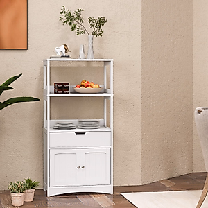 GLACER Large Bathroom Floor Cabinet, Freestanding Multipurpose Storage Cabinet with Drawer, 2 Open Shelves and Door Cupboard for Bathroom, Kitchen or Living Room, 24 x 13 x 48 inches (White)