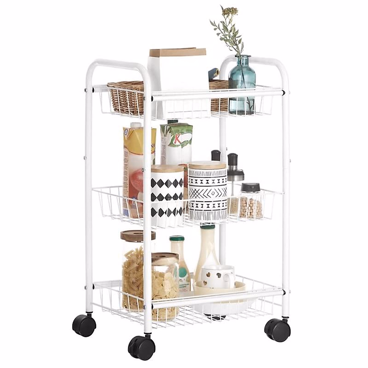 N/A 3 Tier Kitchen Trolley on Wheels with Handle Trolley for Kitchen Bathroom Cabinet White Black (Color : A, Size : 28.3cm*16.5cm)