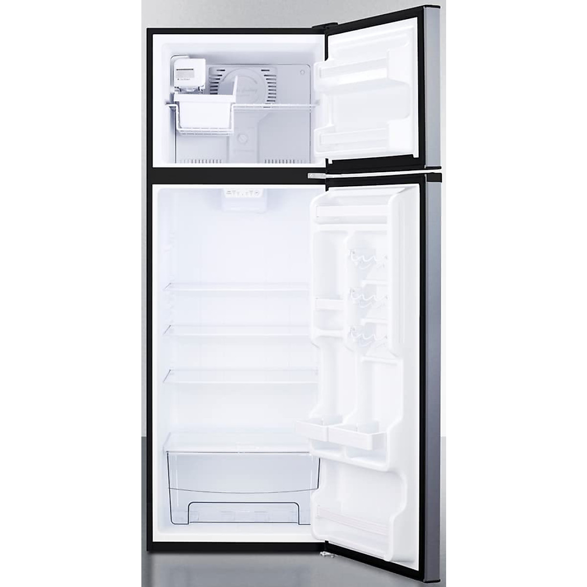 Summit Appliance FF1293SSIM 24" Wide Top Mount Frost-Free Refrigerator-Freezer with Icemaker in Stainless Steel Look, Black Cabinet, Adjustable Thermostat, Door Storage, Interior LED Lighting