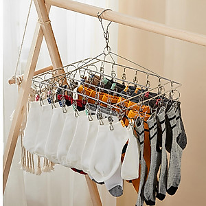 JPORSHU Sock Folding Stainless Steel Sock Drying Rack with 46 Clips,Metal Sock Hangers with Clips，360 DegreesSwivel Hook Wind-Proof Clothes Hanger Rack,for Sock, Bras, Underwear, Laundry Accessories