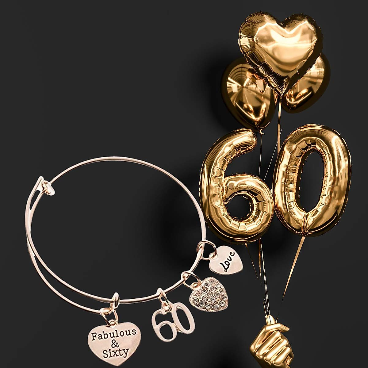 Infinity Collection 60th Birthday Charm Bracelet – Rose Gold Adjustable Bangle with Fabulous & Sixty Charms – Gift for Women – Includes Velvet Jewelry Pouch