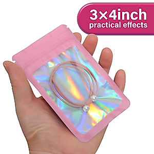 EONJOE 100-pack 3×4 inch mylar bags with clear window holographic resealable sealable packaging zip bag for small bussiness jewelry candy sample food packing supplies （Pink）