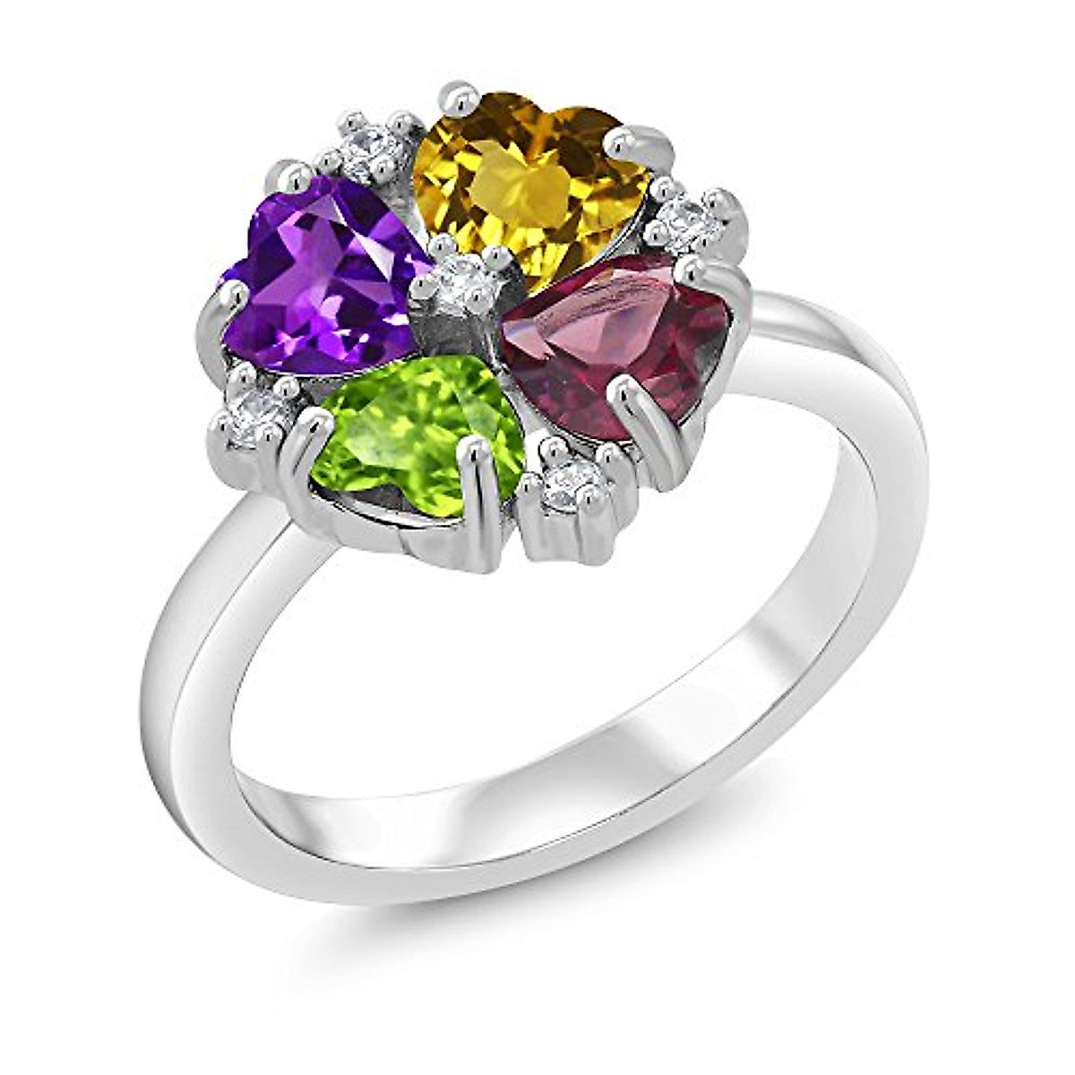 Gem Stone King 925 Sterling Silver Personalized Customized 4 Gemstone Birthstone Name Engraved Heart Shape Ring For Women (Available In Size 5, 6, 7, 8, 9)