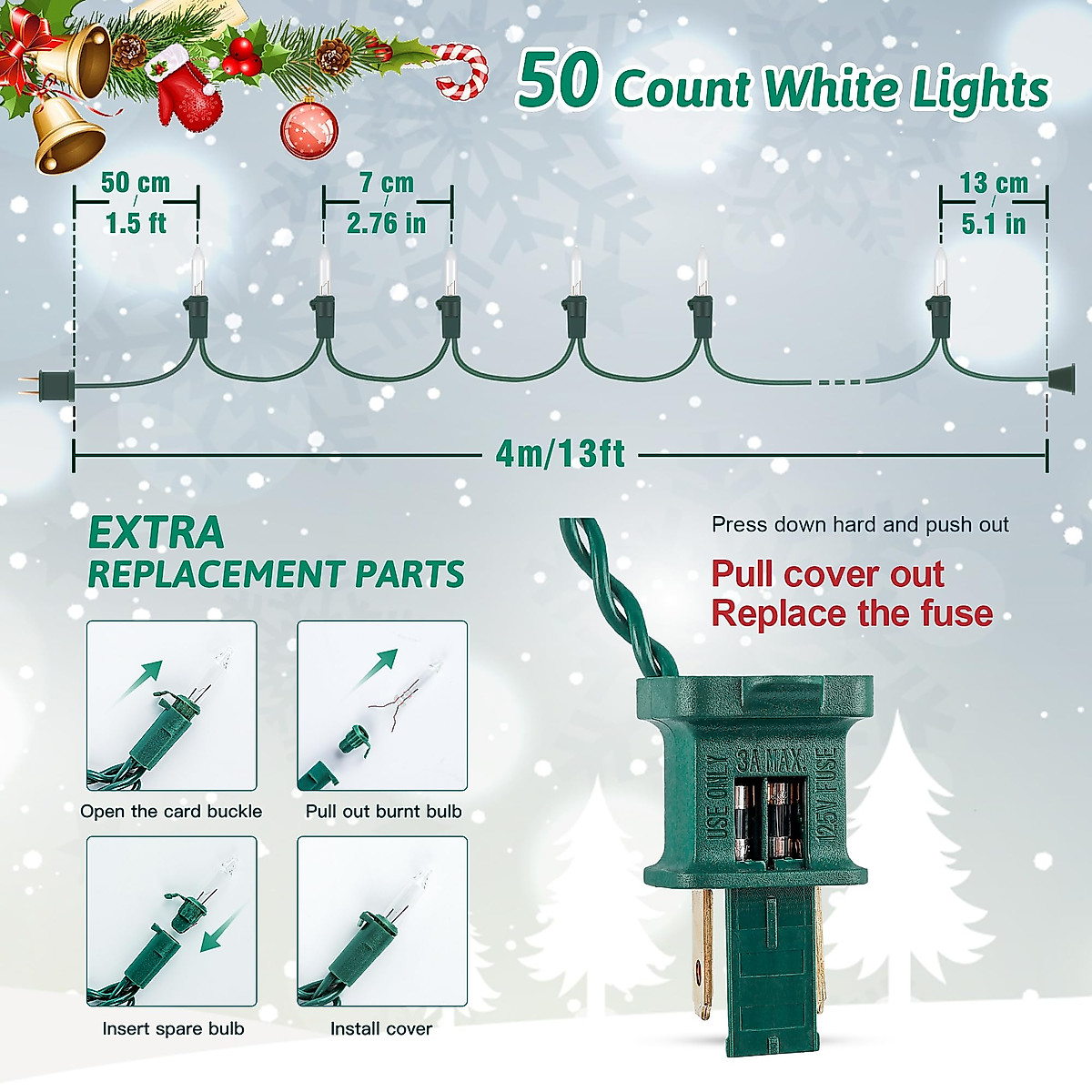 HEYFUNi Clear Christmas Lights 50Count 13Feet White Christmas Tree Lights Set, Incandescent Bulb Mini String Lights for Indoor Outdoor Tree Party Weeding Home Xmas Holiday Decorations,Green Wire