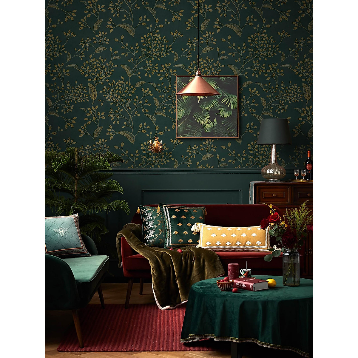 Heroad Peel and Stick Wallpaper Dark Green Contact Paper Gold Floral Wall Paper Modern Boho Removable Contact Paper for Cabinets Drawers Bedroom Self Adhesive Vinyl Papel Tapiz Para Pared 118" x 17.3"