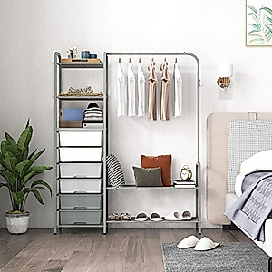 Giantex Free Standing Closet Organizer, Heavy Duty Garment Rack with 6 Removable Drawers, 3 Open Shelves, 2 Shoe Racks, 1 Hanging Rod & 1 Hook, Metal Clothing Rack for Bedroom & Cloakroom (Grey)