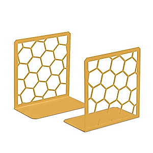 Premium Geometric Gold Honeycomb Bookends for Shelves, Metal Book Ends for Office, L-Shaped Book Stopper, Rustproof Bookends Decorative Unique for Home, 6.25 (L) x 6 (W) inches, 1 Pair - Geomod