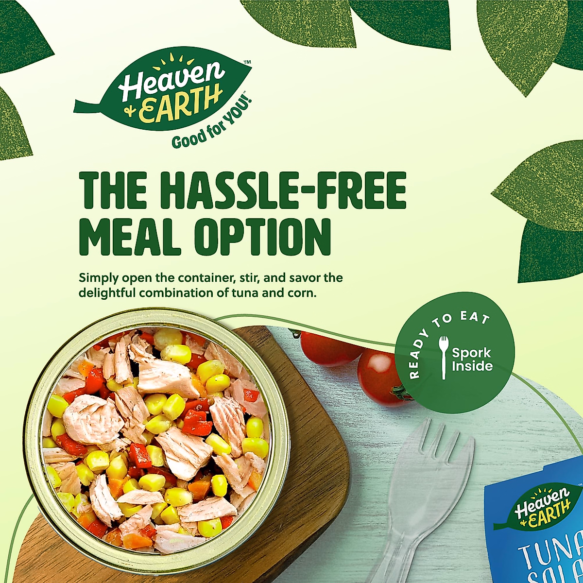 Heaven & Earth Ready to Eat Tuna Salad with Corn & Vegetables, 5.64oz (4 Pack) | Great Source of Protein | Travel Friendly Meals | Spork Included