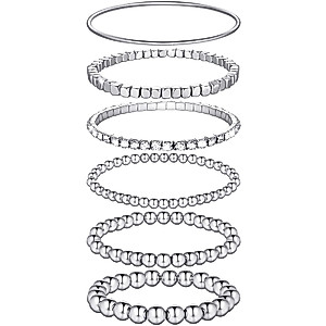 6 Pieces Bracelets Set for Women Stackable Elastic Bead Ball Bracelet Thin Bangle Bracelet Stretch Cubic Bead Bracelet Tennis Bracelet with Round Moissanite (Silver)
