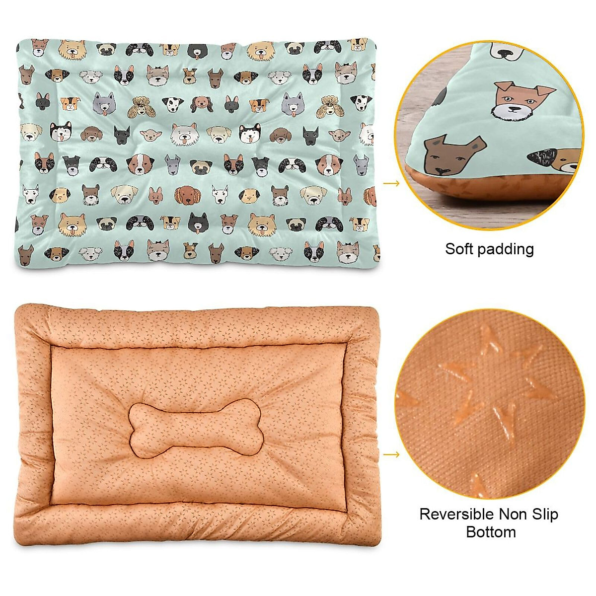 Coikll Puppy Dog Faces Pet Bed Pad Soft Dog Bed Mat with Anti-Slip Bottom, Machine Washable Crate Pad Mattress for Dog Sleeping- 24 * 18inches