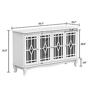 ECACAD Sideboard Buffet Cabinet with 6 Storage Compartments & 4 Carved Glass Doors, Kitchen Console Table Storage Cabinet Coffee Bar Accent Cabinet for Living Room, Hallway, White