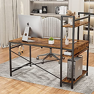 Engriy Computer Desk with 4 Tier Shelves for Home Office, 47" Writing Study Table with Bookshelf and 2 Hooks, Multipurpose Industrial Wood Desk Workstation with Metal Frame for PC Laptop, Rustic Brown