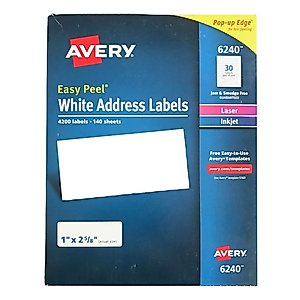 Avery Easy Peel White Address Labels for Laser Printers 6240, 1" x 2-5/8", Box of 4200