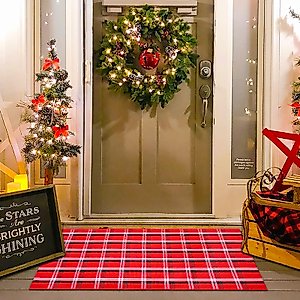 Christmas Red and Green White Plaid Rug - 28" x 43" Outdoor Front Door Mat, Cotton Washable Hand-Woven Rug for Layered Doormat, New Year Christmas Decor Carpet for Porch, Entryway