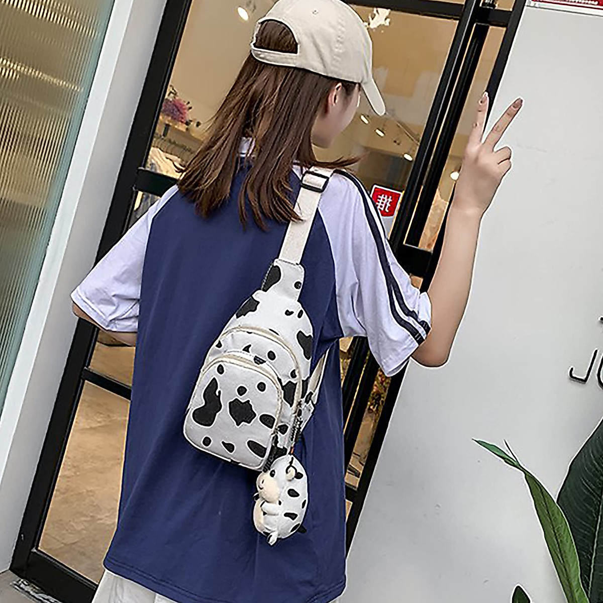 Unisex Canvas Daypack, Cartoon Printed Cows Chest Bag, Small Sling Bag with Hanging Pendant for Women Lady, White