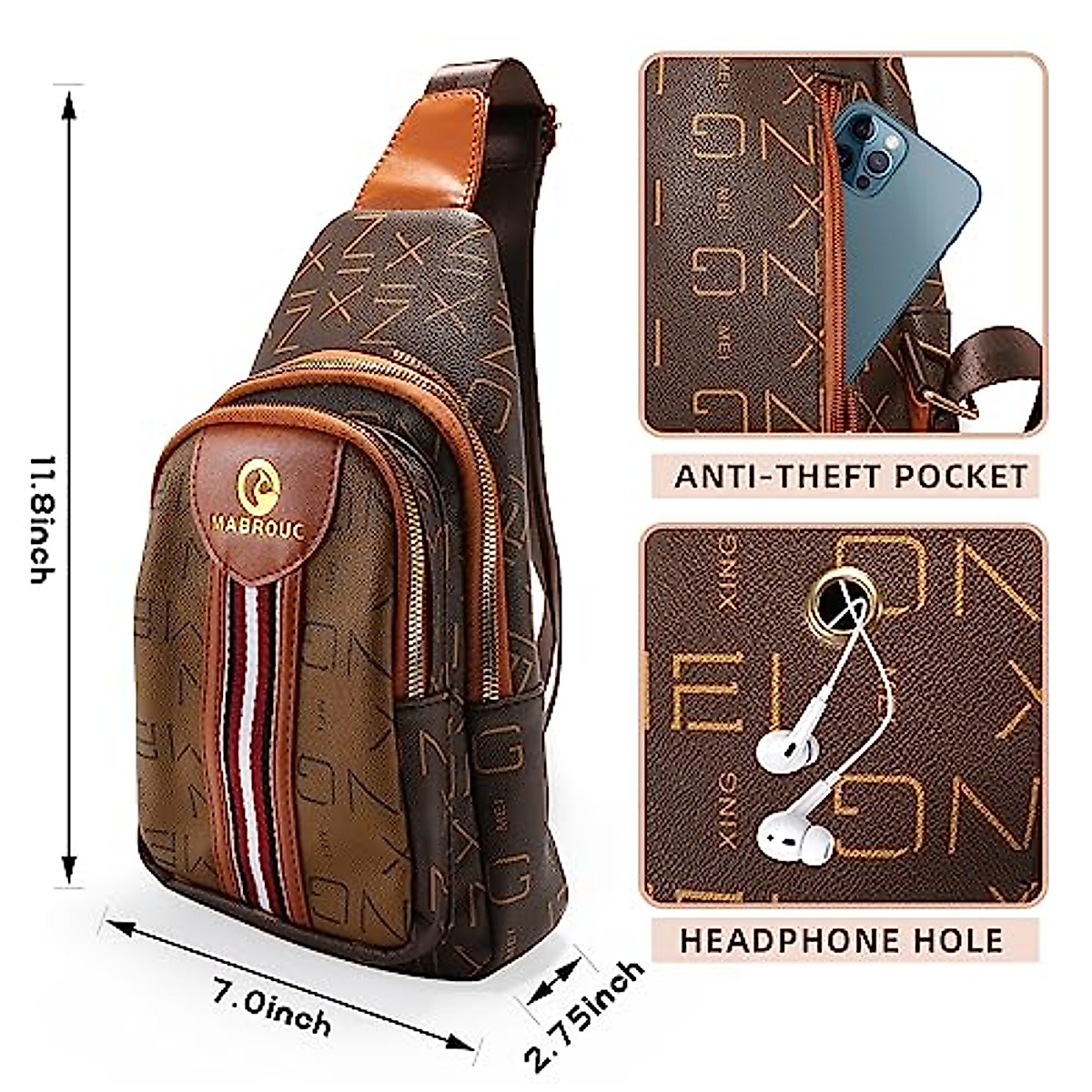 MABROUC Designer Sling Bag for Women Crossbody Purse, Small Faux Leather Shoulder Backpack for Travel, Anti-theft Crossbody Sling Backpack Chest Bag Handbag(brown)