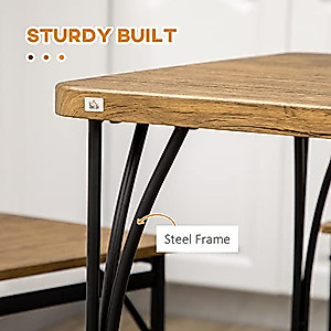 HOMCOM Industrial Dining Table Set for 6 People, 6 Piece Kitchen Table and Chairs Set, Dinner Table with Bench, Steel Frame and Storage Shelf, Dinette Set, Rustic Brown