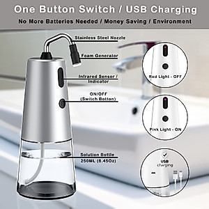 FAIBAEELLY Automatic Foaming Soap Dispenser, Touchless Foam Hand Soap Dispenser with Replaceable Foam Generator, Infrared Sensor, Rechargeable, Foam Soap Dispenser for Bathroom & Kitchen, Silver