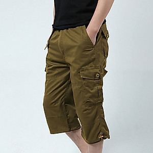 Men's Relaxed Fit 3/4 Cargo Shorts Twill Elastic Waist Multi Pocket Capri Pants Casual Loose Fit Below Knee Short (Yellow,Large)