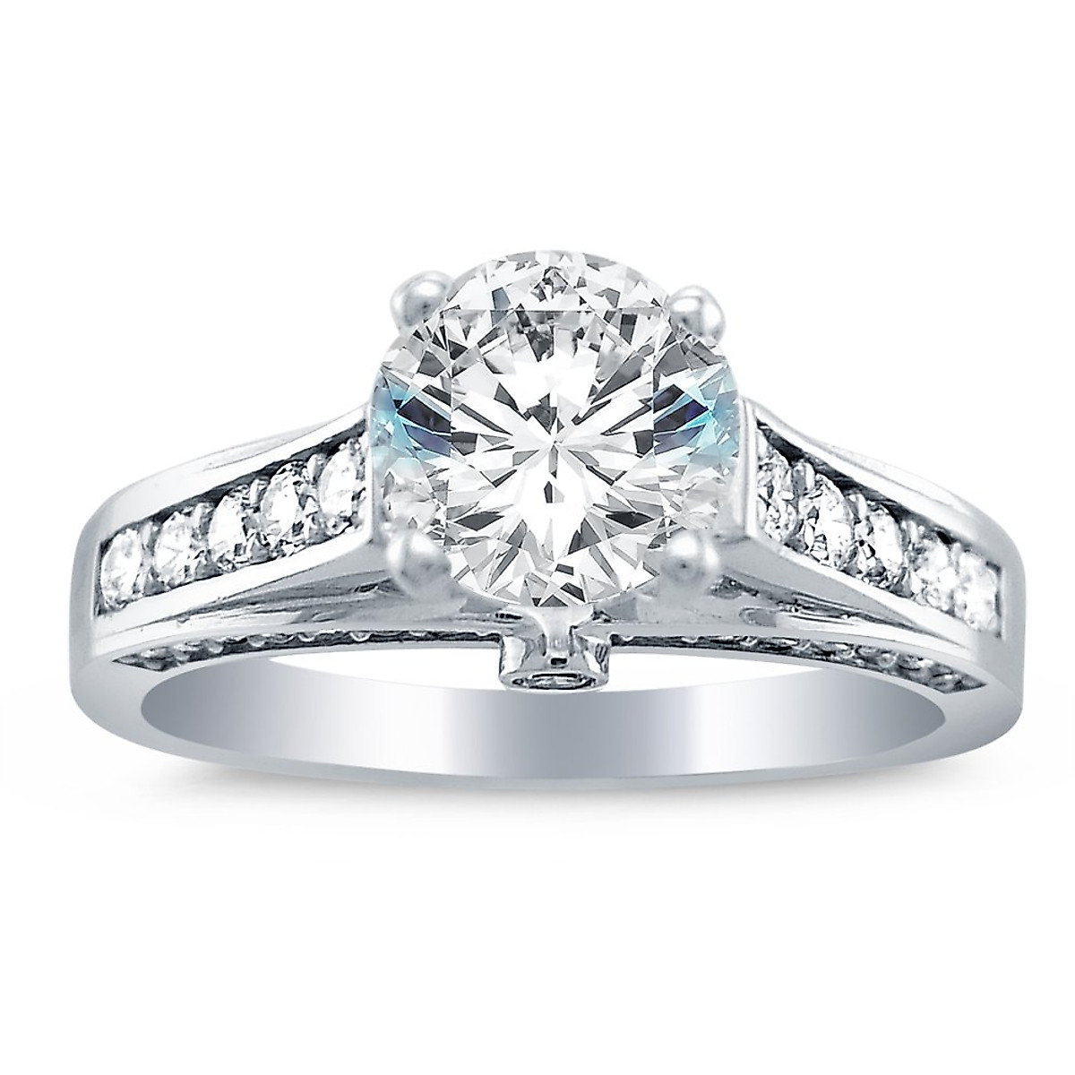 Size 10 - Solid 14k White Gold Round Brilliant Cut Solitaire with Round Side Stones CZ Cubic Zirconia Engagement Ring 1.5ct.