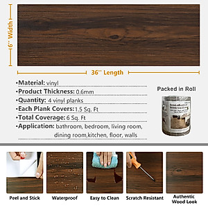 VEELIKE 6''x36'' Dark Brown Wood Vinyl Flooring Peel and Stick Floor Tile Bathroom Waterproof Wood Look Vinyl Plank Flooring Self Adhesive Laminate Flooring for Bedroom Kitchen RV (4-Tiles, 6 Sq. Ft.)