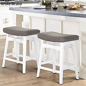 Erste!Bravo White Solid Wood Bar Stools Set of 2 for Kitchen Counter Height Barstools with Faux Leather Saddle Seat Farmhouse Upholstered Stools for 34"-38" Counter Island, Grey Cushion & White Legs