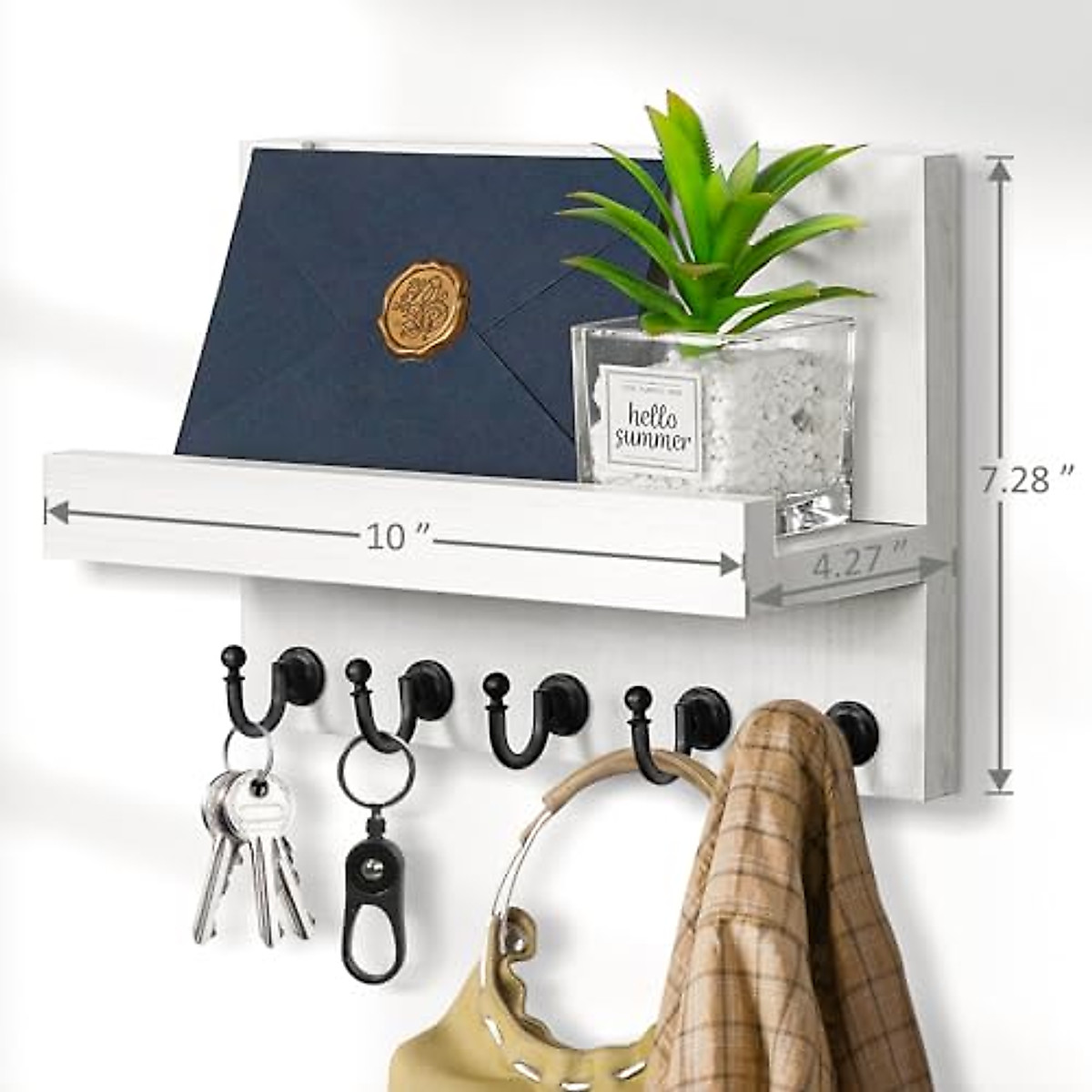 HONJIN Key Holder for Wall: Easy Installation Mail Organizer Wall Mount Hanging Key Rack for Kitchen and Entryway Decor with 5 Sturdy Key Hooks (White)