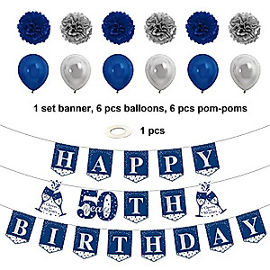Kauayurk Blue Silver 50th Birthday Banner Decorations Kit for Men, 26pcs Fifty Birthday Banner Balloon Hanging Swirl Poms Party Supplies, 50 Years Old Birthday Sign Decor