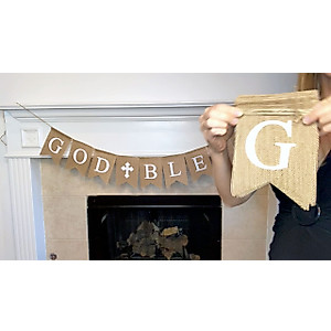 Shimmer Anna Shine Burlap God Bless Banner for Baby Girl Boy Baptism Decorations Christening First Communion Confirmation Baby Shower Wedding Birthday Party Photo Props (White Print)