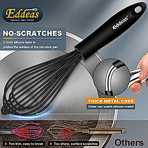 Silicone Whisk, Eddeas Stainless Steel & Silicone Non-Stick Coated Whisks set of 3--Heat Resistant Kitchen Whisks, Balloon Egg Beater Perfect for Blending, Whisking, Beating & Stirring, Black