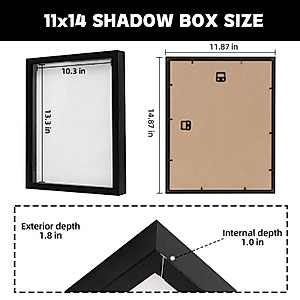 Muzilife 11x14 Shadow Box Picture Frame with Linen Board - Deep Wood & Glass Display Rustic Case Ready to Hang Memorabilia, Pins, Awards, Medals, Wedding, Tickets, and Photos, Black