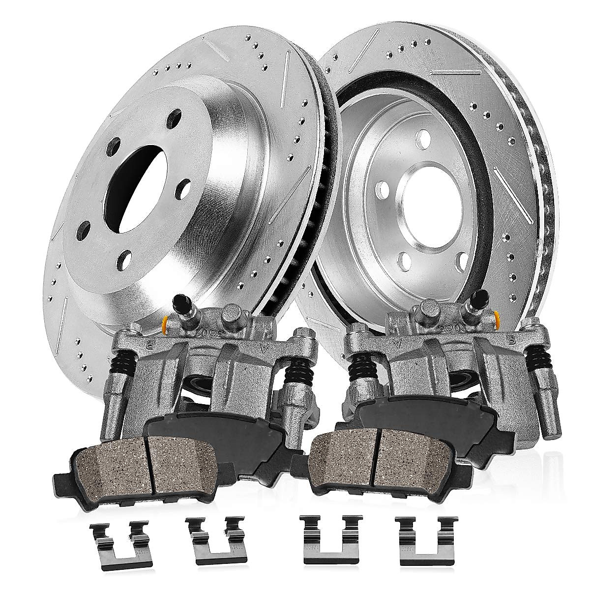 Callahan Rear Replacement Calipers and Drilled Slotted Brake Rotors + Ceramic Brake Pads + Hardware Brake Kit For Ford Edge Explorer Flex Taurus Lincoln MKS MKX