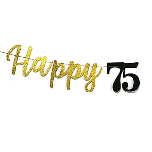 Glitter Happy 75th Birthday Banner, Black and Gold Happy 75th Birthday Banner Sign, 75th Birthday Party Decorations Supplies Pre - Strung (Black)