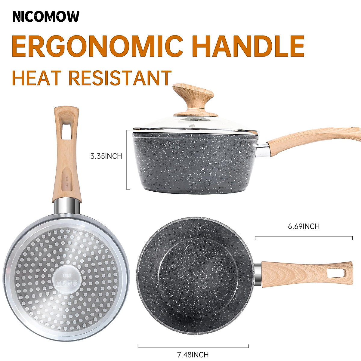 NICOMOW Non-Stick Pan with Lid, Sauce Pan with PTFE Granite Coating,Multi-Purpose,Non-Slip Handle,Induction Support,PFOA-Free