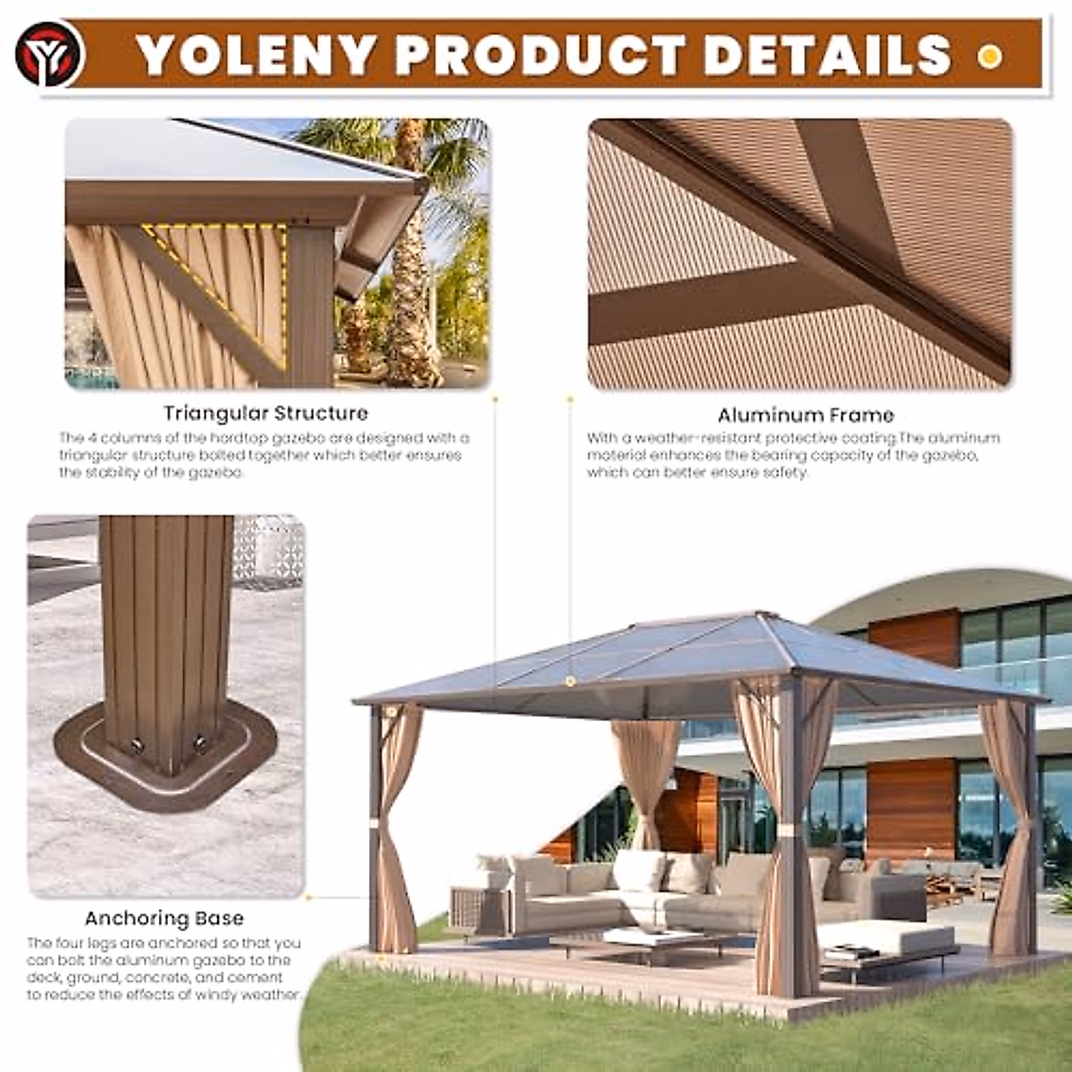 YOLENY 10'x12' Hardtop Gazebo, Outdoor Polycarbonate Roof Canopy, Aluminum Frame Permanent Pavilion with Curtains and Netting, Sunshade for Garden, Patio, Lawns