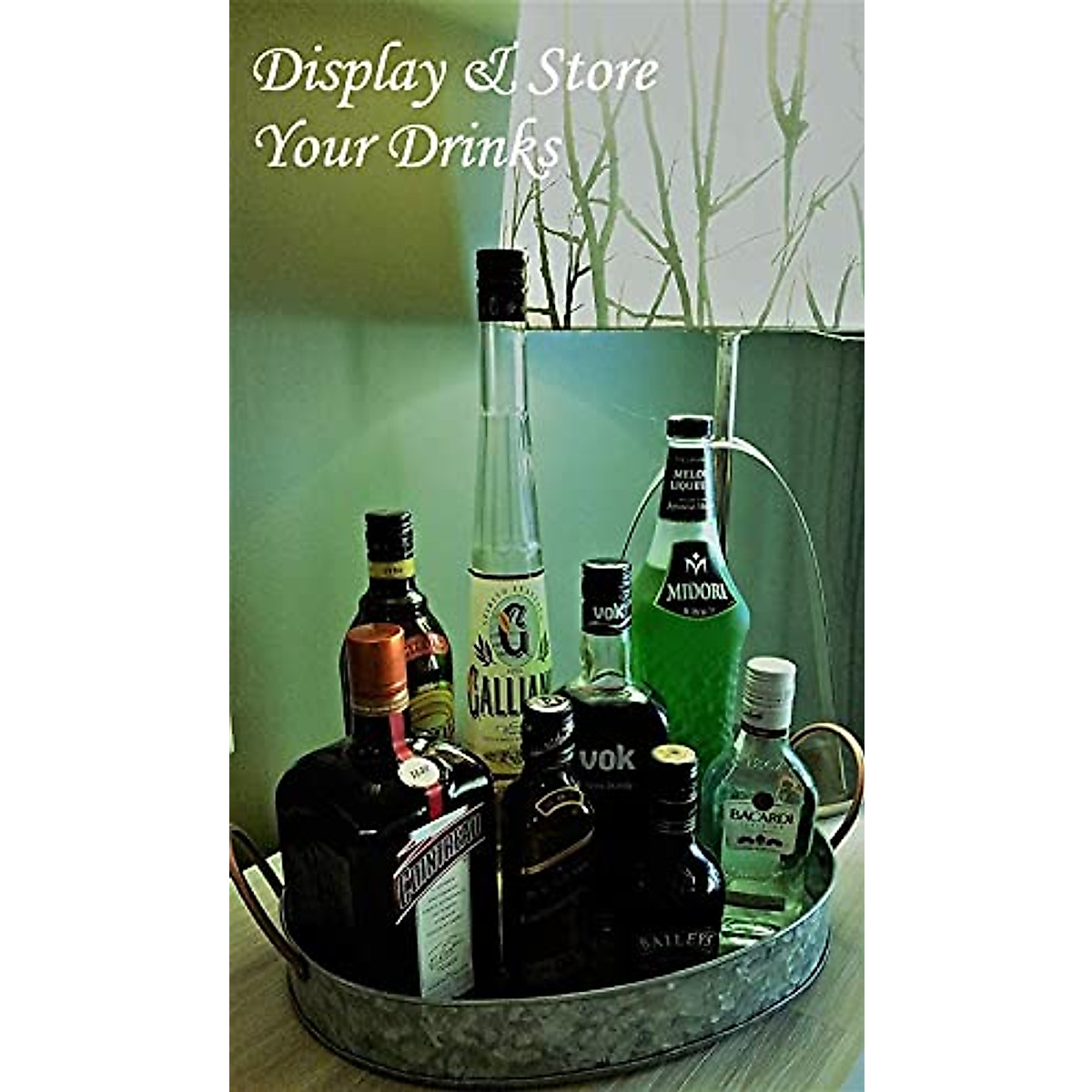 Galrose Rustic Galvanized Metal Serving Tray – Rose Gold Handles for Drinks Bar Table Centerpiece Sturdy Oval Decorative Serving Tray Platter. 6th Iron Anniversary Housewarming or Retirement Gift