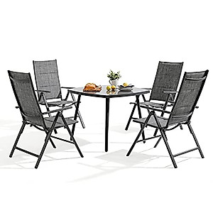 Soleil Jardin Outdoor Patio Dining Set for 4 with Aluminum Frame, 5 Piece Dining Table Set with 4 Adjustable Padded Folding Reclining Chairs & 1 Glass Top Table w/1.77” Umbrella Hole, Dark Gray