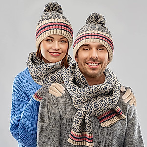 5 in 1 Women Soft Warm Thick Cable Knitted Beanie Hat Scarf Gloves Socks Earmuff Set Thickened Lining Cap Touchscreen Gloves (Beige, Khaki)