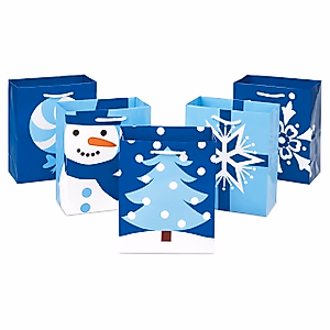 Hallmark 6" Small Holiday Gift Bags (Pack of 5) Blue Winter Scenes, Stripes, Snow