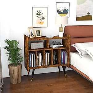 Large Record Player Stand, Vinyl Record Storage Cabinet with Power Outlet, Record Player Table Holds up to 350 Albums, Mid-Century End Table Turntable Stand for Living Room, Office