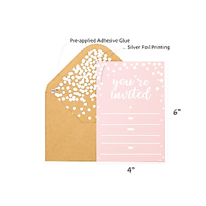 Invitation Cards - 24-Count 4" x 6" Baby Pink Invitation Cards ‘’You Are Invited’’ in Silver Foil with 26 Silver Foil Confetti Kraft Envelopes – For Wedding, Bridal Shower, Baby Shower, Birthday