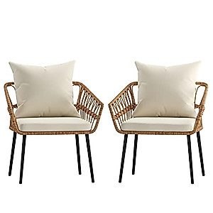 Flash Furniture Evin Set of 2 Boho Indoor/Outdoor Patio Chairs - Natural Finish Faux Rattan Wicker - Cream All-Weather Cushions - Integrated Armrests
