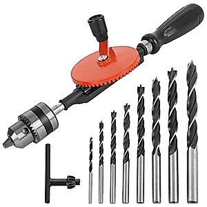 3/8 inch Hand Drill Manual Hand Crank Drill with 8Pcs Drill Bit Set, Safe Double Pinions DesignHand Drill for Wood Plastic and Metal