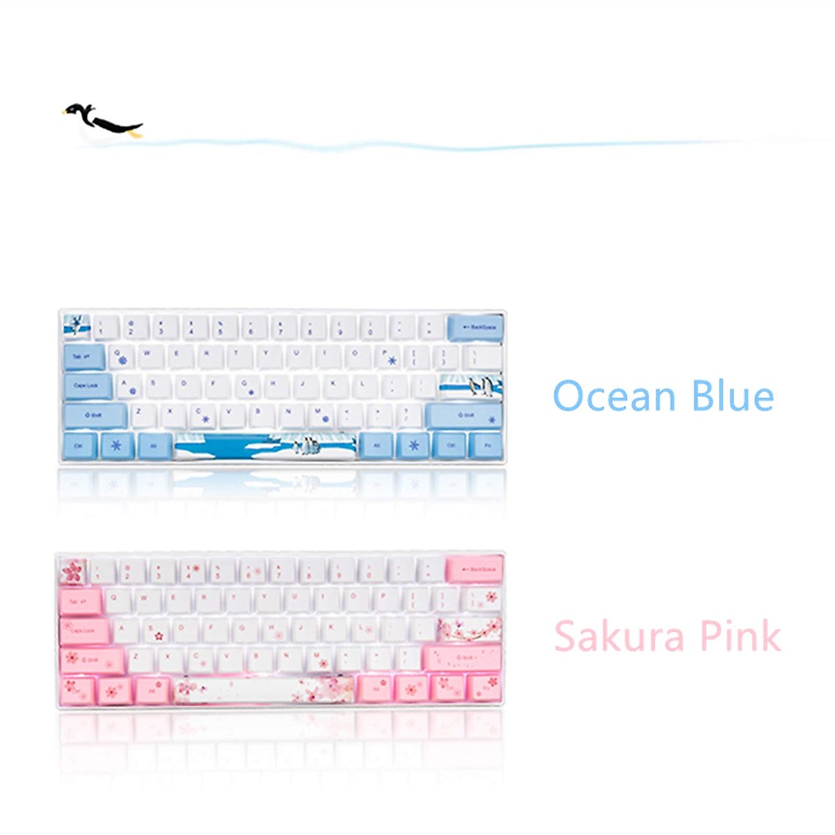 ZMX Blue Penguin 61 Mechanical Keyboard,Hot Swappable 60％Compact Mechanical 5.0Bluetooth/Type-C Wired Dual-Mode RGB Backlit Dye-Sublimation PBT Keycap Gaming Keyboard（Blue Switch）