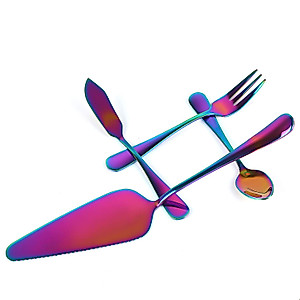 loopki Stainless Steel Flatware Serving Set, Rainbow Silverware Includes Coffee Spoon, Cake Fork, Butter Knife, Cake Server