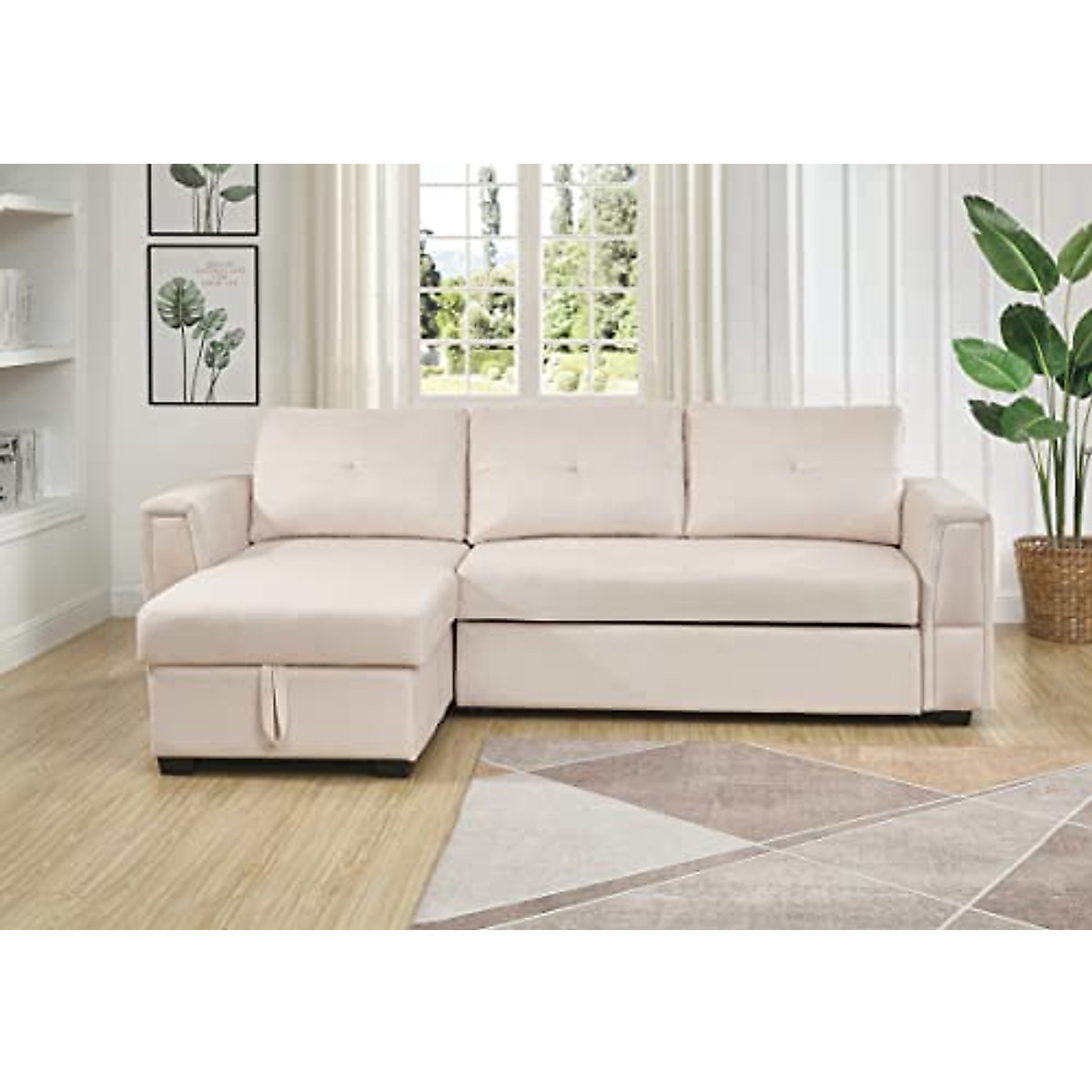 Legend Vansen 91" Wide Reversible Sofabed Sectional Sofas with Chaise，Velvet Storage L-Shape Twin Size for Living Room Couch Sleeper, Cream
