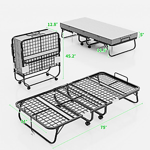 Hyomdeck Folding Bed with Mattress for Adults, Portable Folding Bed with Adjustable Backrest, Cot Size Rollaway Bed with Memory Foam Mattress and Metal Frame on Wheels, Guest Bed, 75‘’ x 31‘’,Black