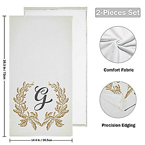 Oreayn Monogrammed Hand Towel for Bathroom Kitchen Beach Polyester Cotton Set of 2 Gold Leaves Wreath Fingertip Towel Soft Absorbent 28.3 x 14.4 Inch, Monogram Letter G