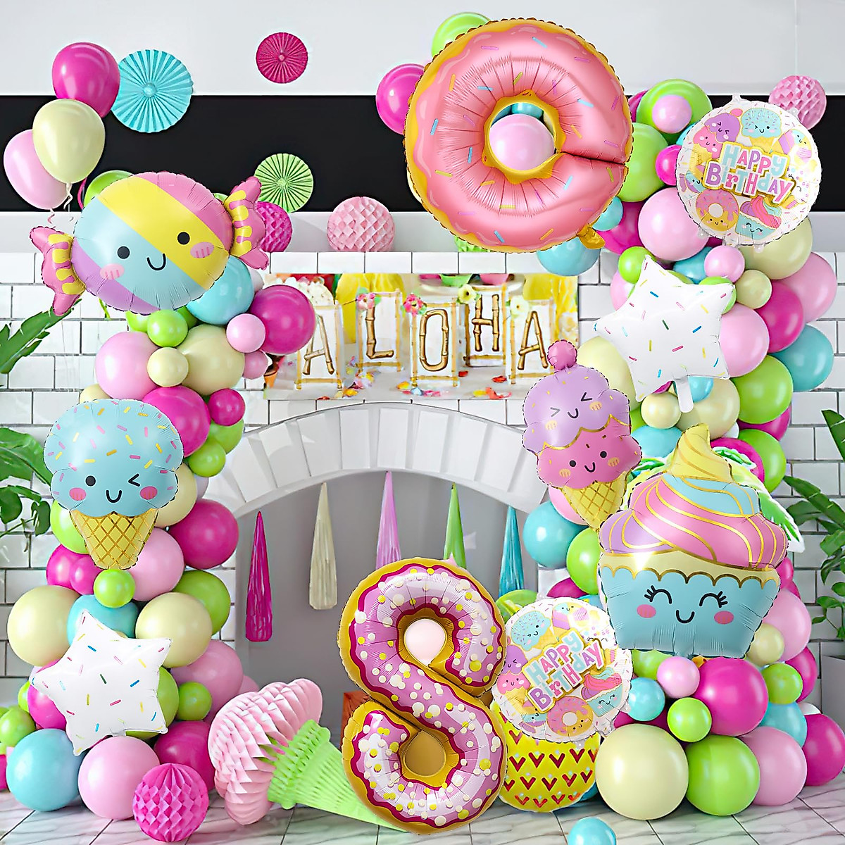 10Pcs Ice Cream Balloons, Ice Cream Donut Candy Birthday Number Mylar Foil Balloon Ice Cream Theme 8th Birthday Party Supplies Decorations (8th)